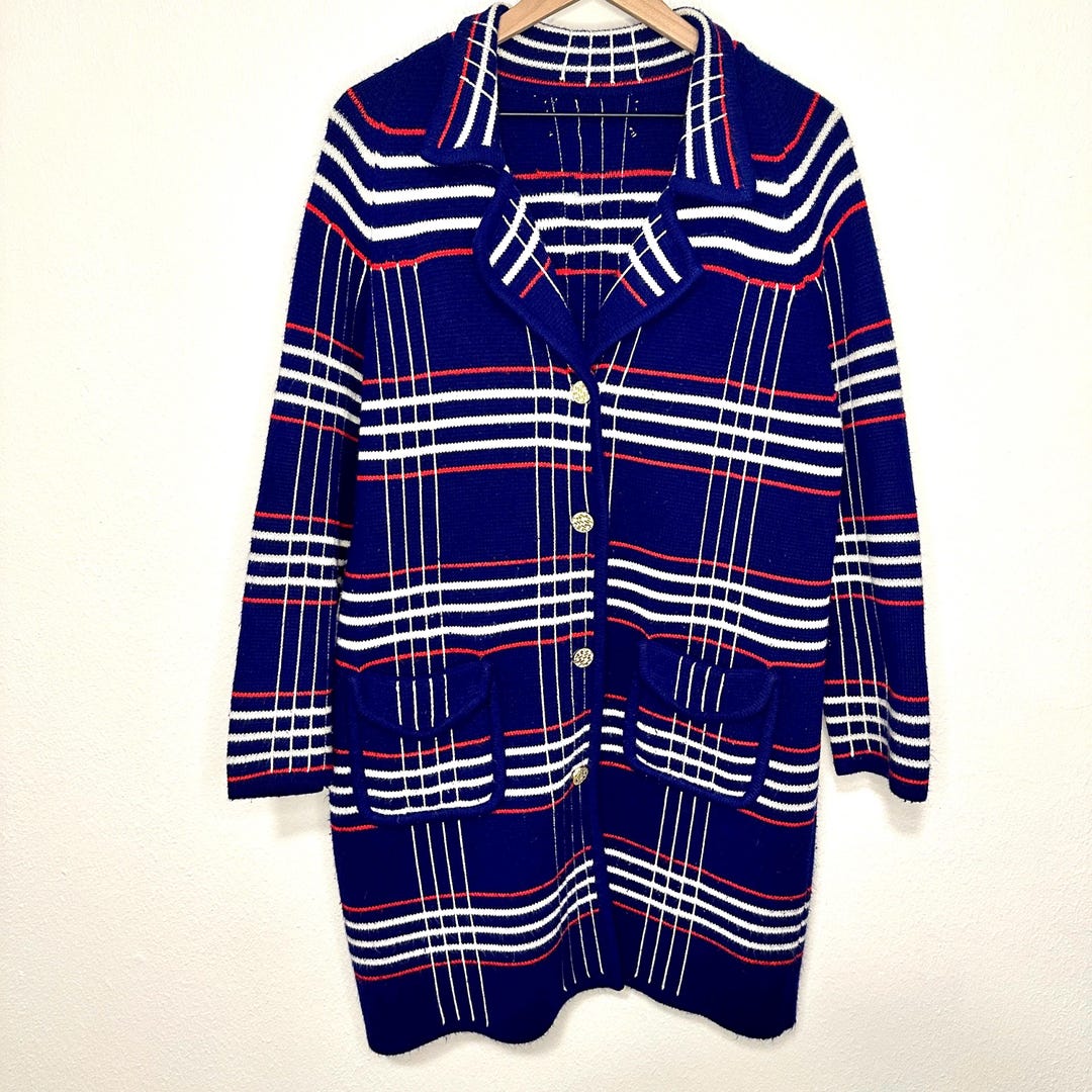 Vintage Knit Blue Plaid Sweater Coat - Etsy