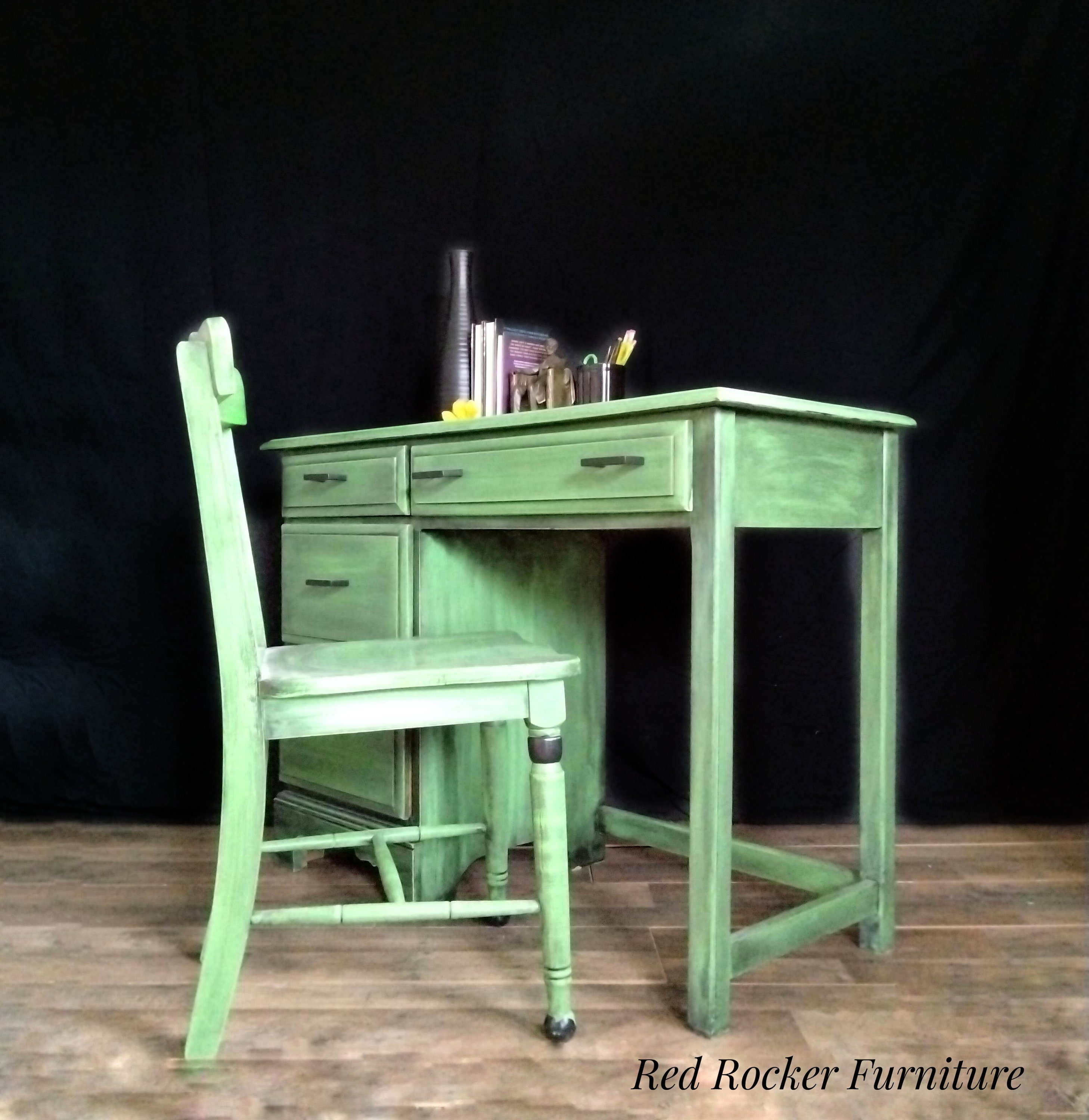 Sturdy Desk and Chair, Vintage Desk With Storage, Green Painted Desk ...