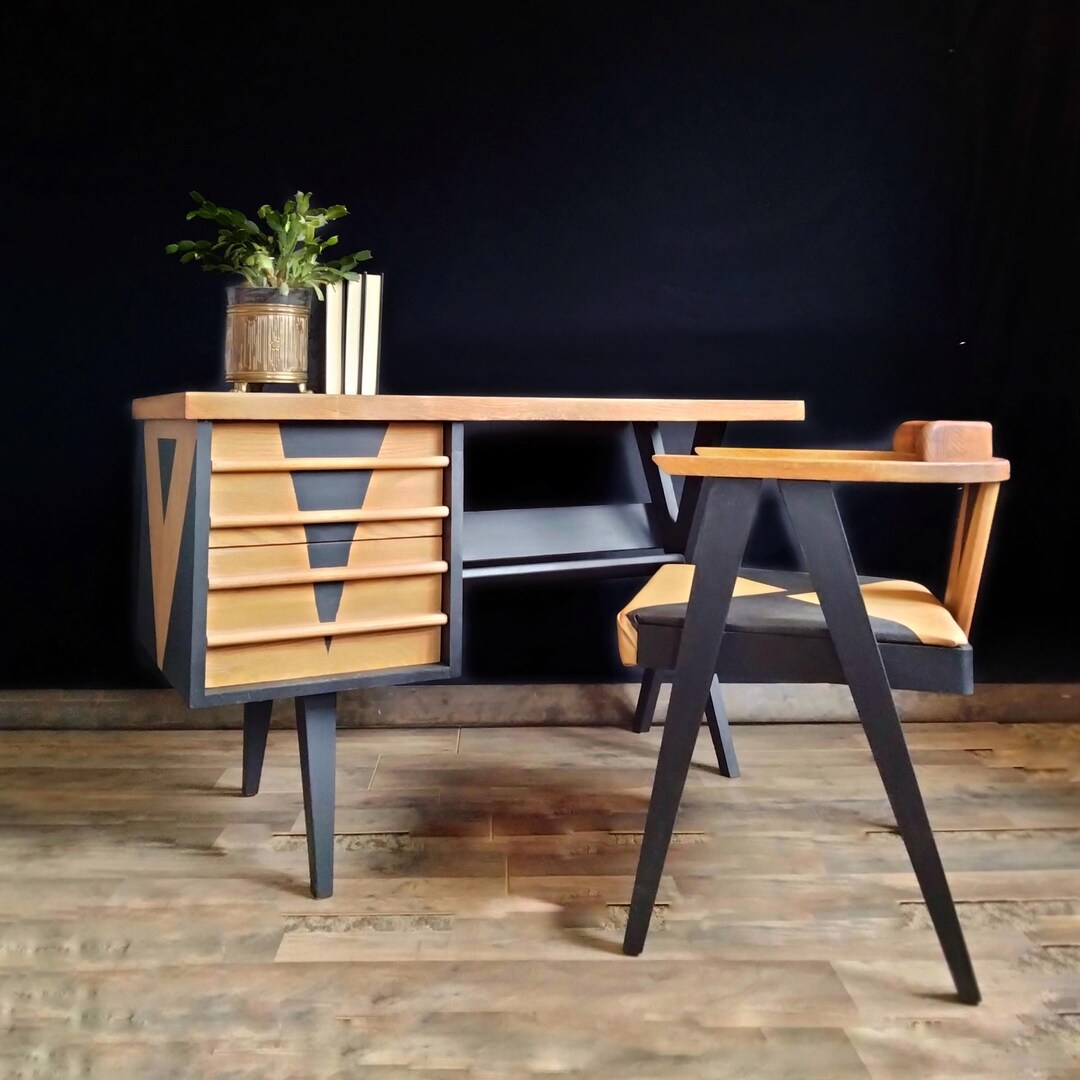 MCM Desk and Chair With Leather Seat, Solid Oak Desk With Glass Top ...