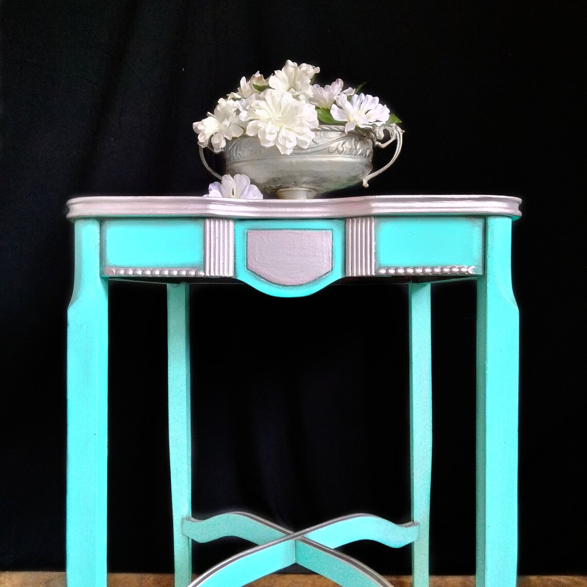 Painted Vintage Mahogany Table, Turquoise Accent Table Silver Detail ...