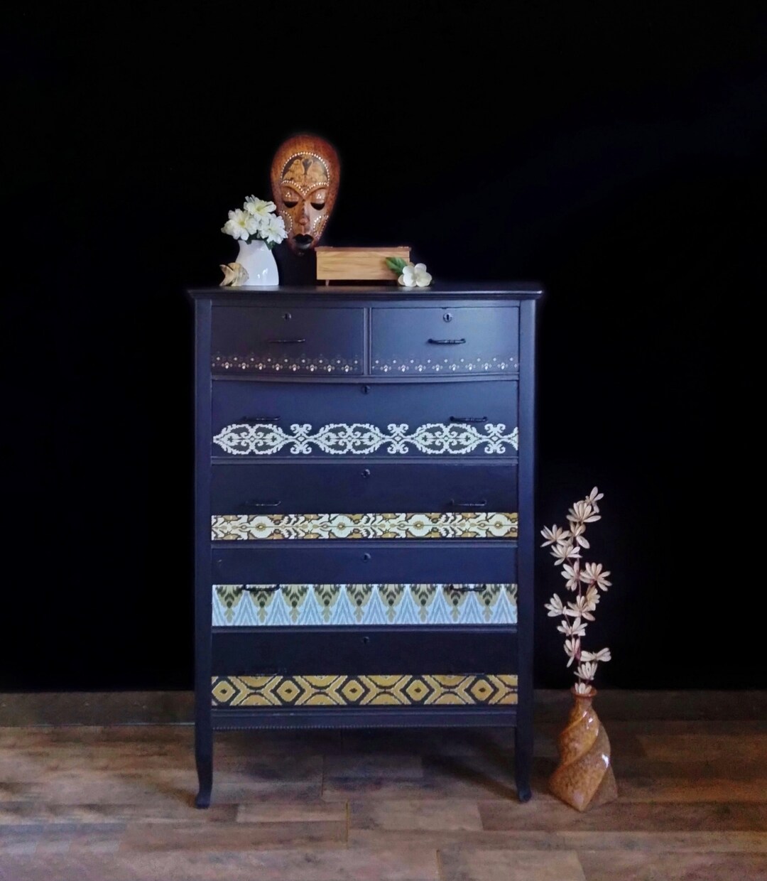 Black Chest of Drawers With Designer Borders, Vintage 6 Drawer Dresser ...