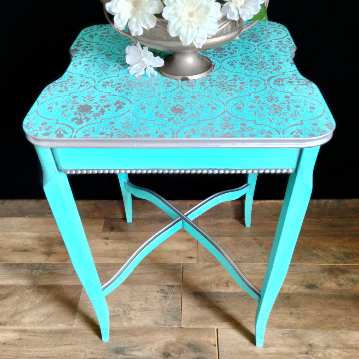 Painted Vintage Mahogany Table, Turquoise Accent Table Silver Detail ...