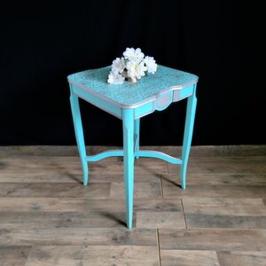Painted Vintage Mahogany Table, Turquoise Accent Table Silver Detail ...