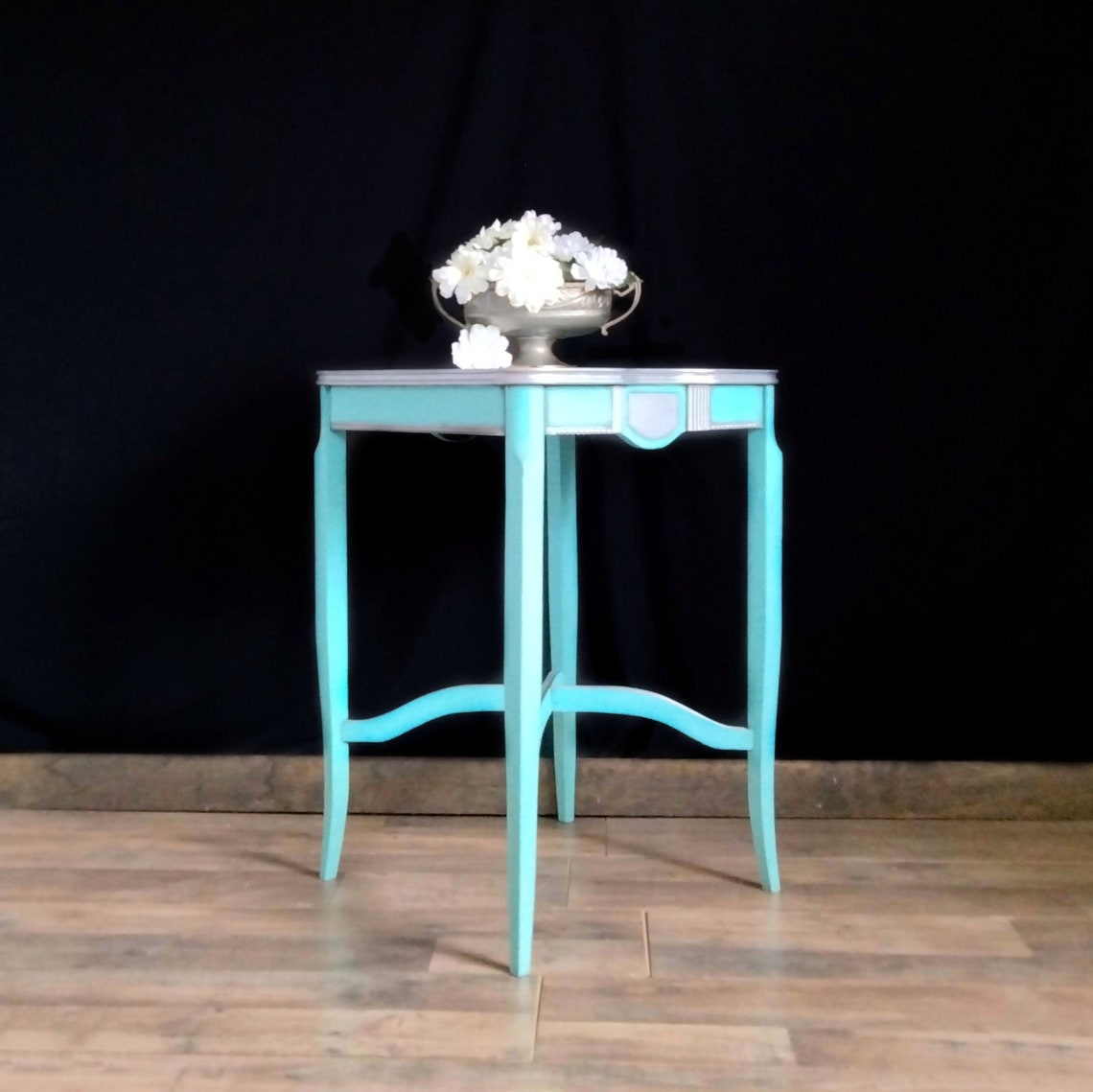 Painted Vintage Mahogany Table, Turquoise Accent Table Silver Detail ...