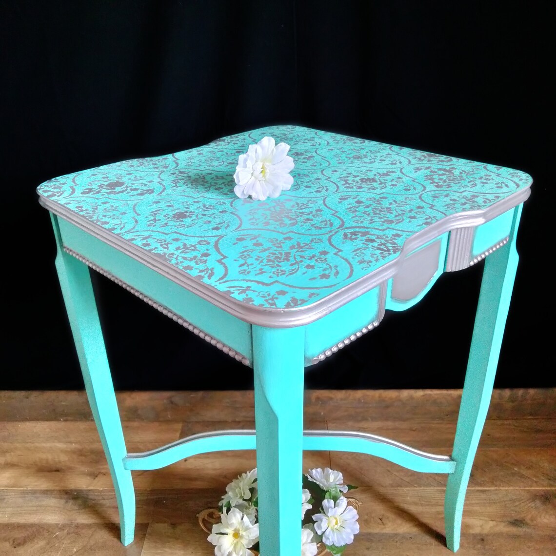 Painted Vintage Mahogany Table, Turquoise Accent Table Silver Detail ...