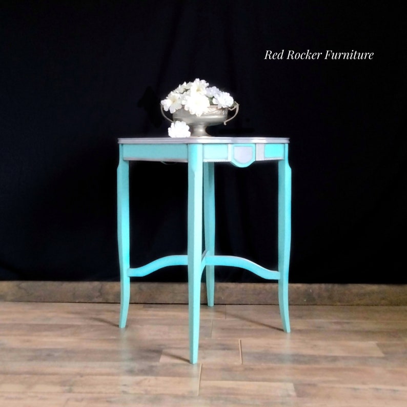 Painted Vintage Mahogany Table, Turquoise Accent Table Silver Detail ...