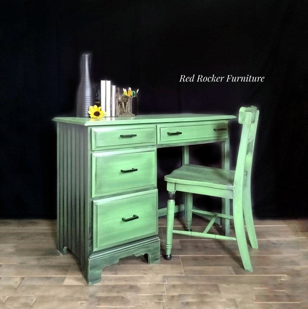 Sturdy Desk and Chair, Vintage Desk With Storage, Green Painted Desk ...