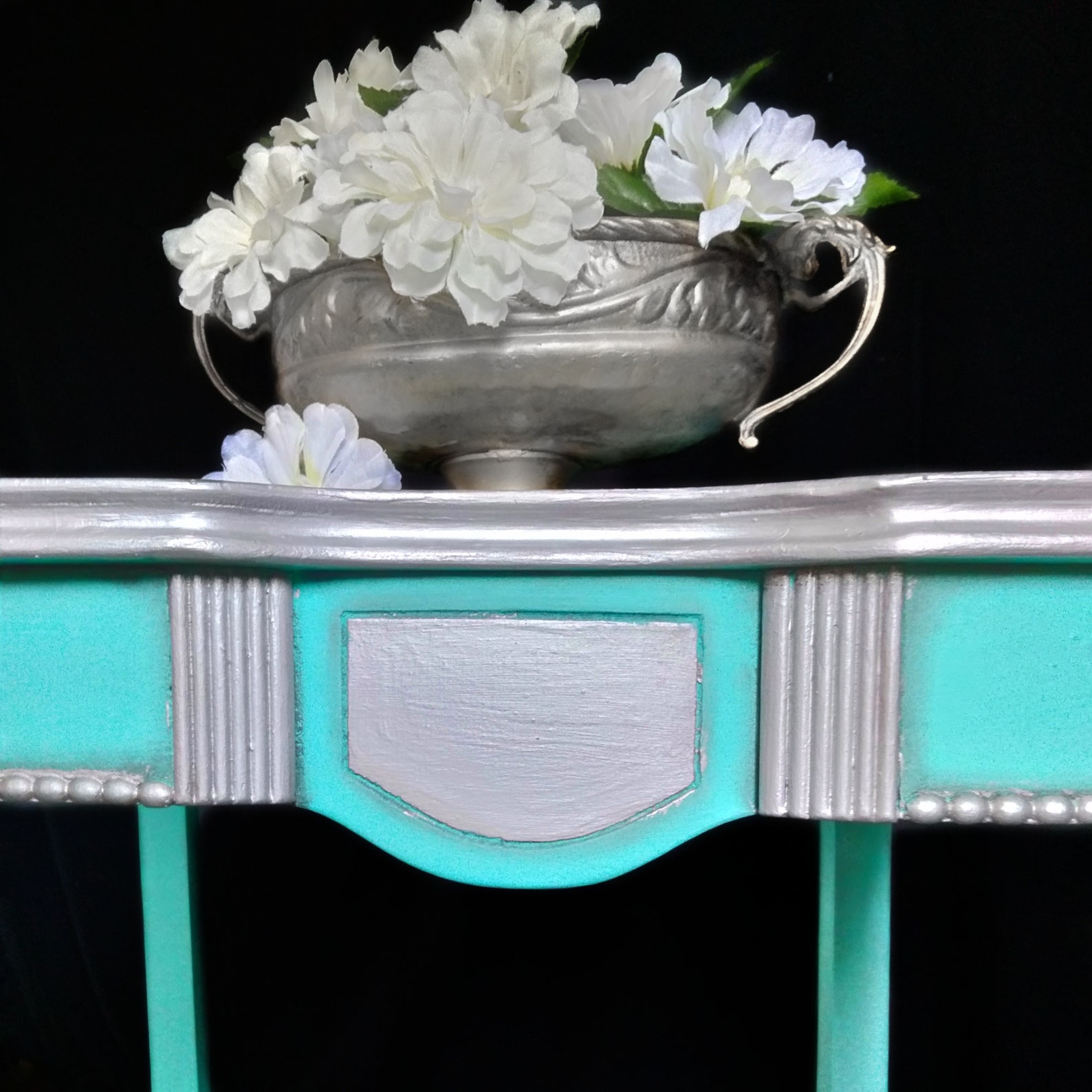 Painted Vintage Mahogany Table, Turquoise Accent Table Silver Detail ...