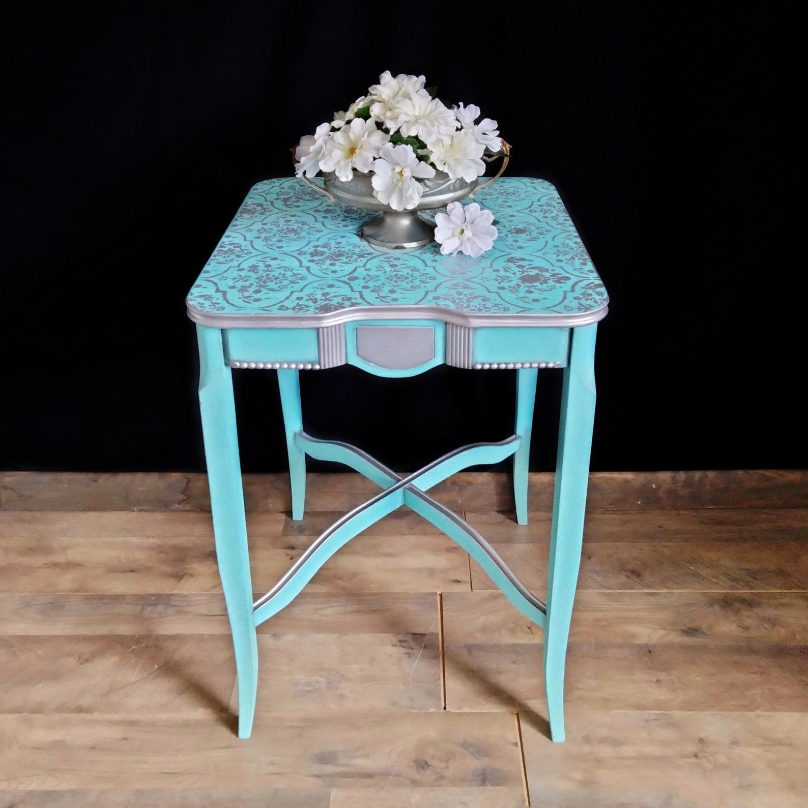 Painted Vintage Mahogany Table, Turquoise Accent Table Silver Detail ...