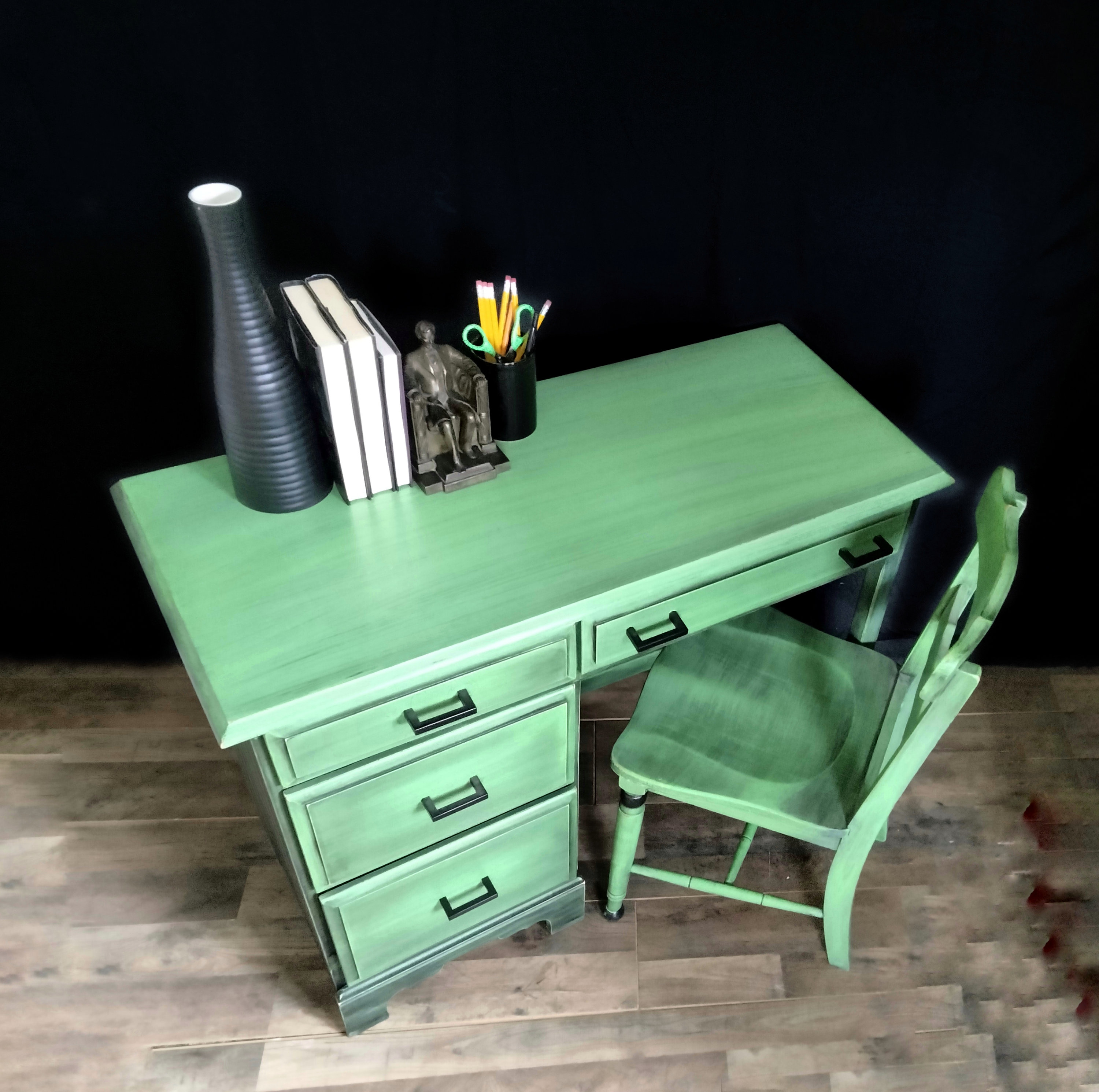Sturdy Desk and Chair, Vintage Desk With Storage, Green Painted Desk ...