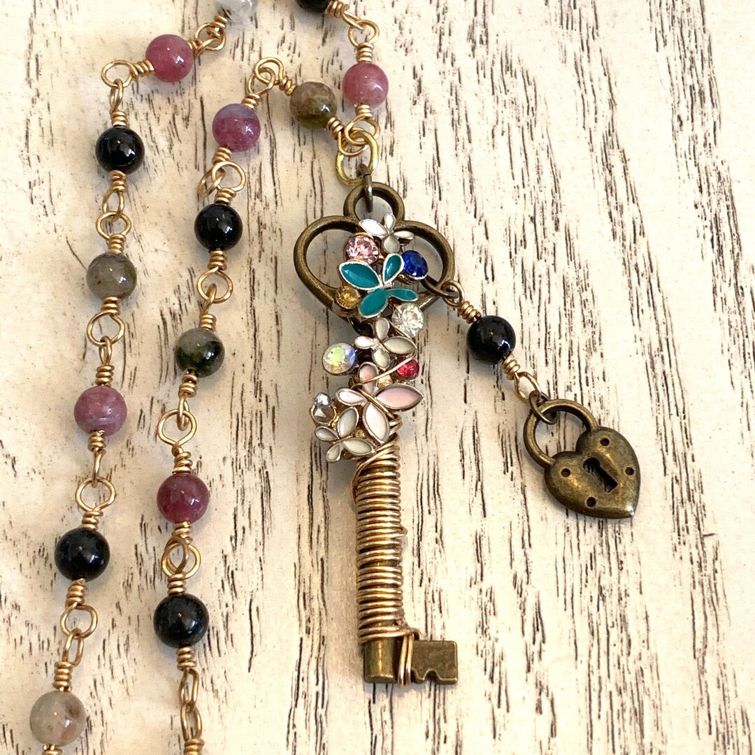 Steampunk Skeleton Key Necklace, Rainbow Tourmaline, Enamel Flowers - Etsy