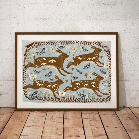 Rabbits in Spring Print Botanical Style Easter Illustration - Etsy