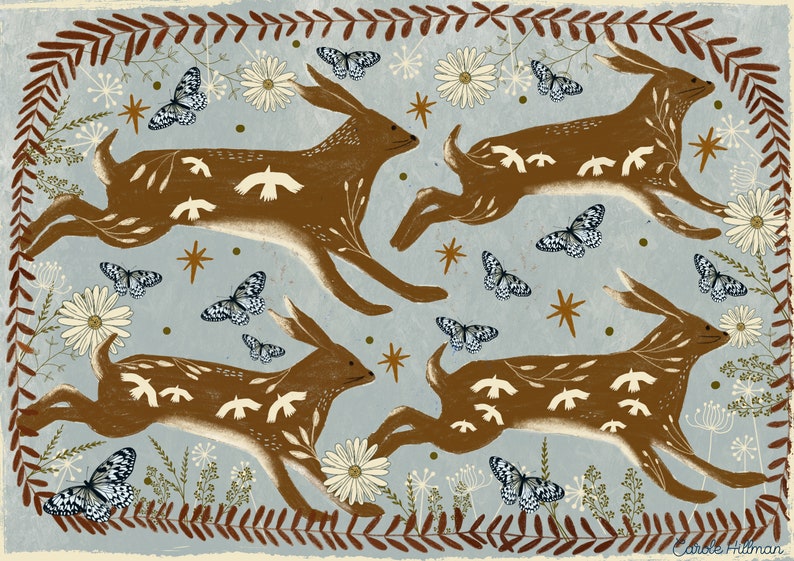 Rabbits in Spring Print Botanical Style Fine Wall Art Easter - Etsy