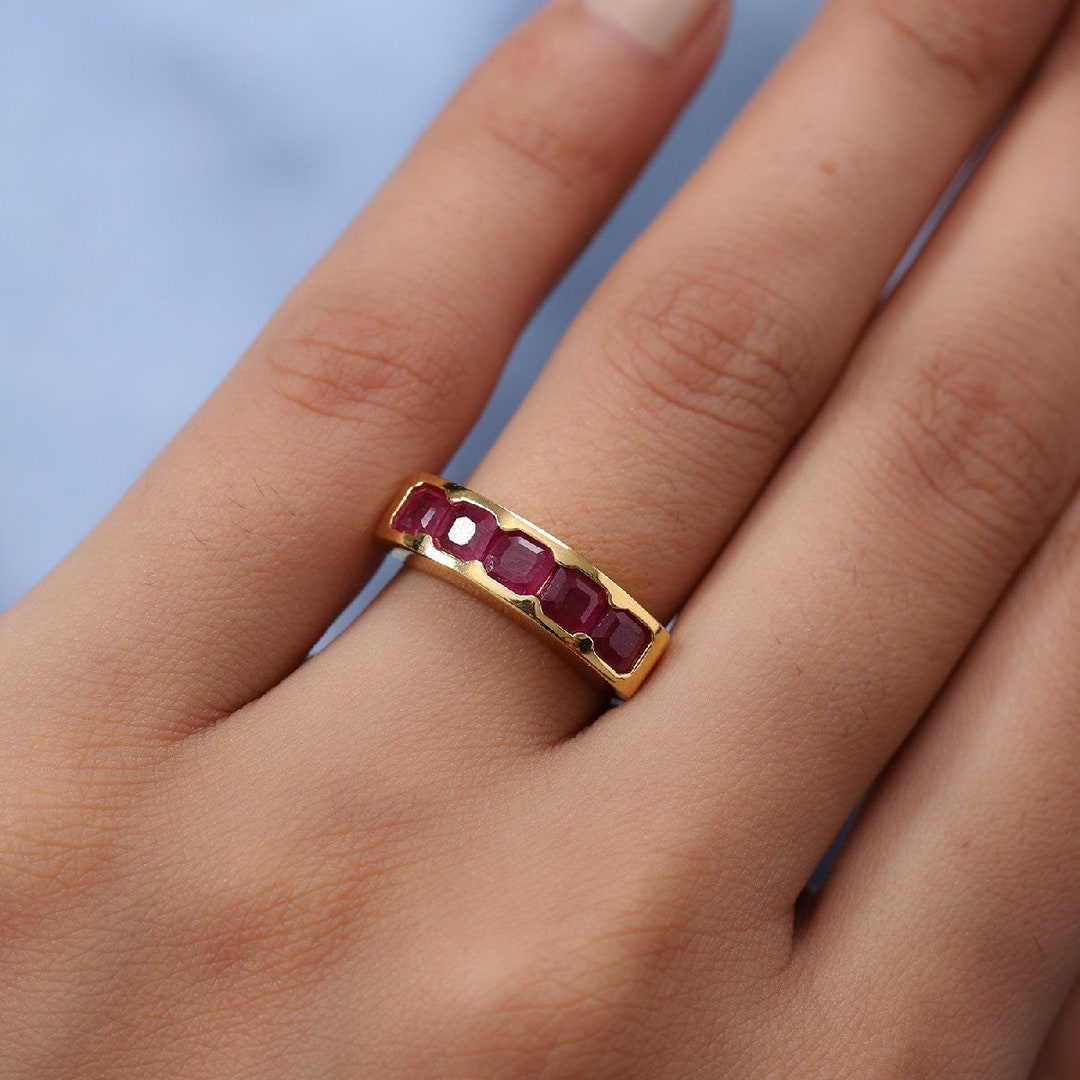 Red Ruby 5-stone Band Ring, Promise Ring, 925 Sterling Silver Ring ...