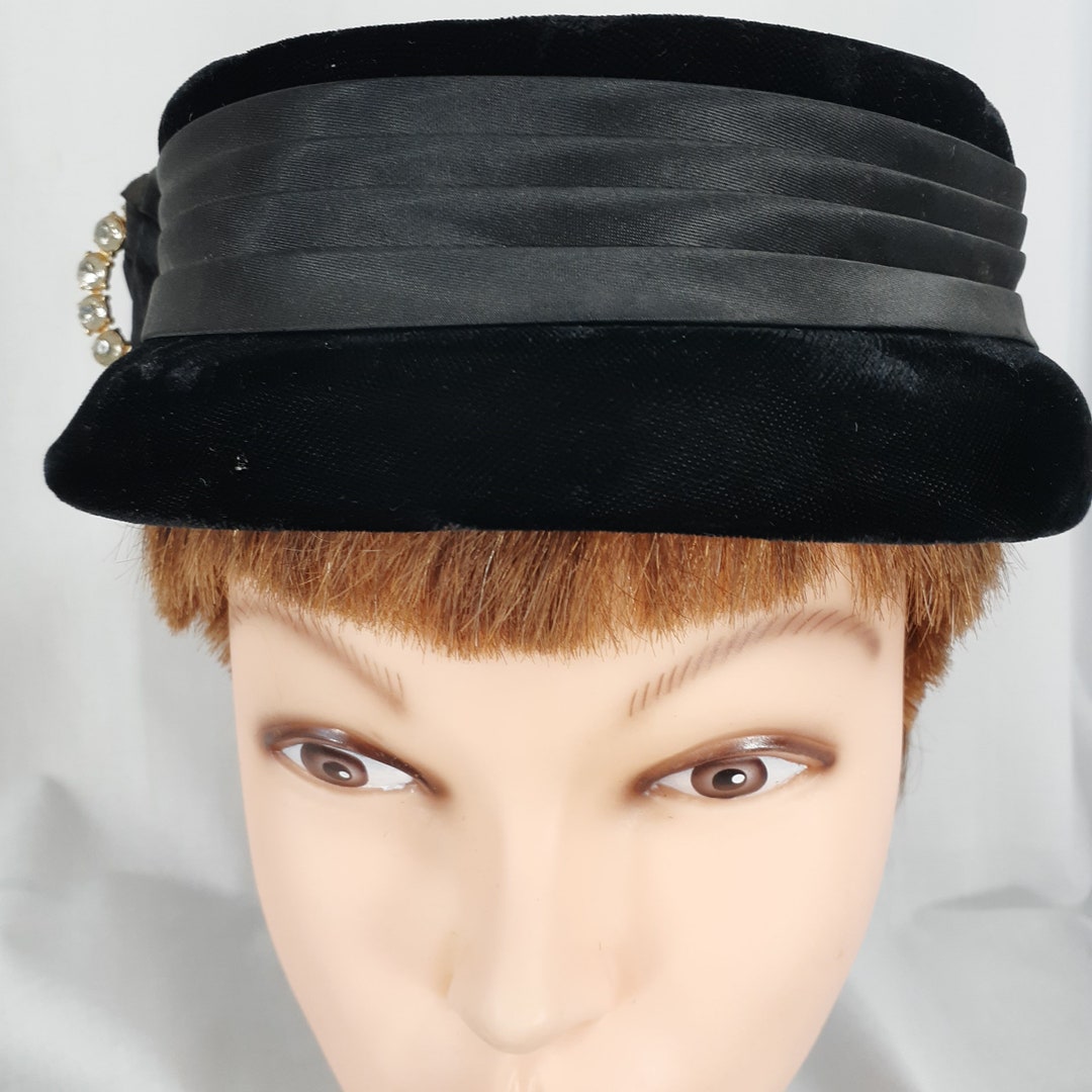 Vintage Womens Black Velvet Hat With Rhinestones and Ribbon on - Etsy