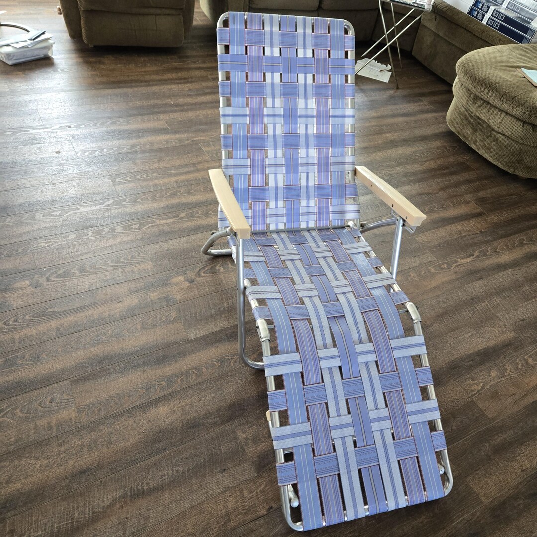 Webbed Folding Chaise Lounge Lawn Chair Blue White Red Beach Camp Pool ...