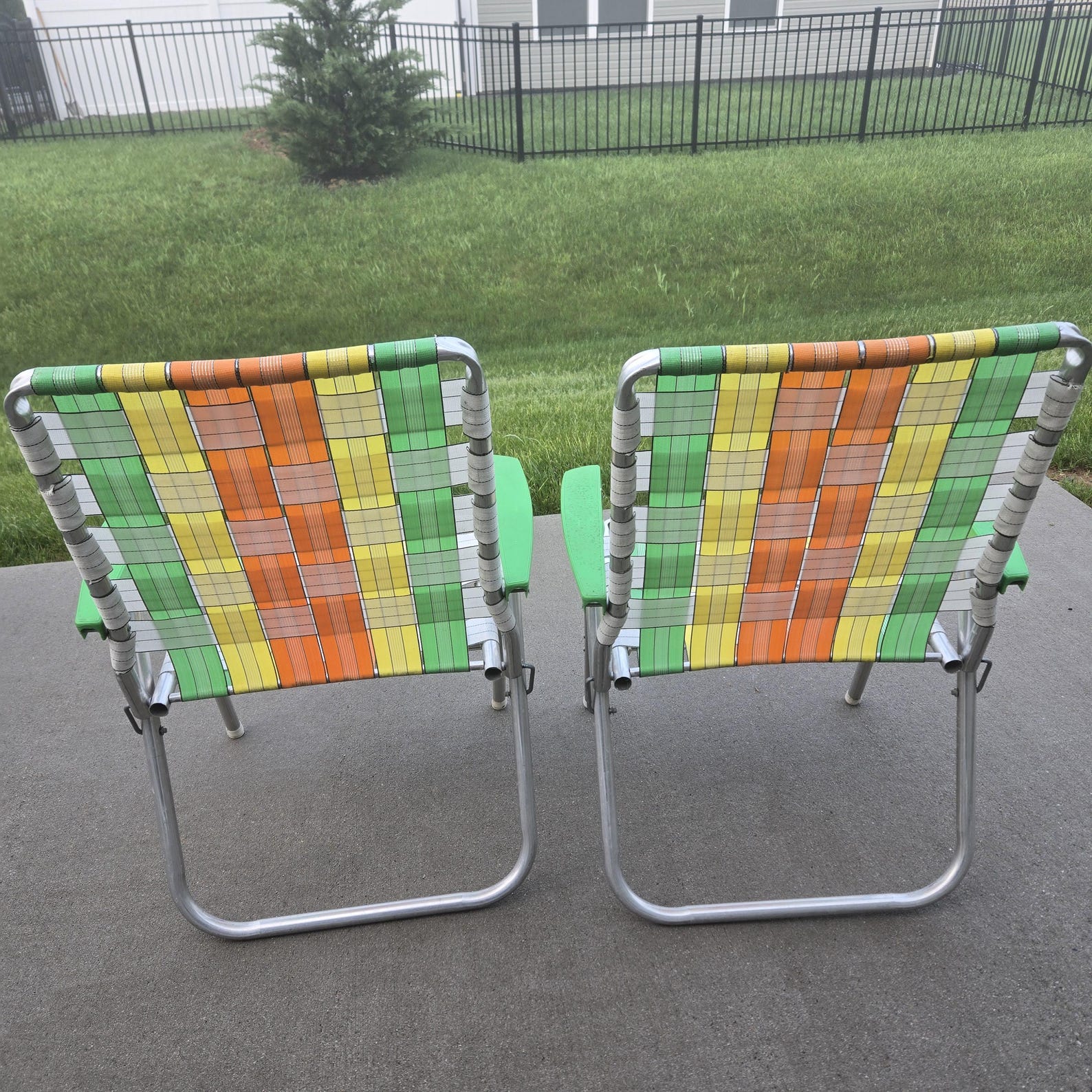 Two Lawn Chairs Folding Webbed Green Orange Yellow White Camp Pool ...