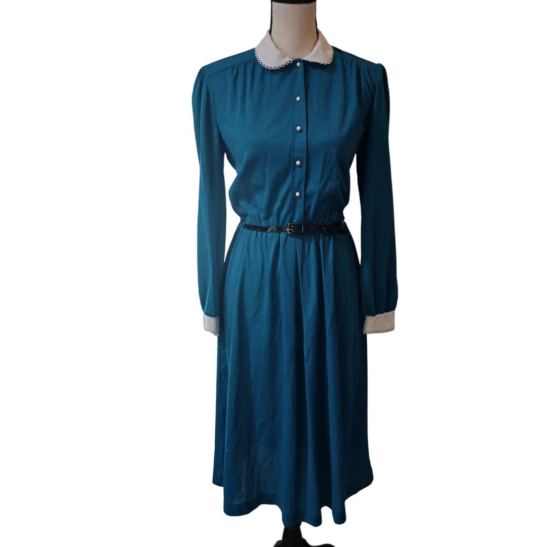 VTG 1970s Sears Green Dress White Peter Pan Collar Button Size 14M W ...