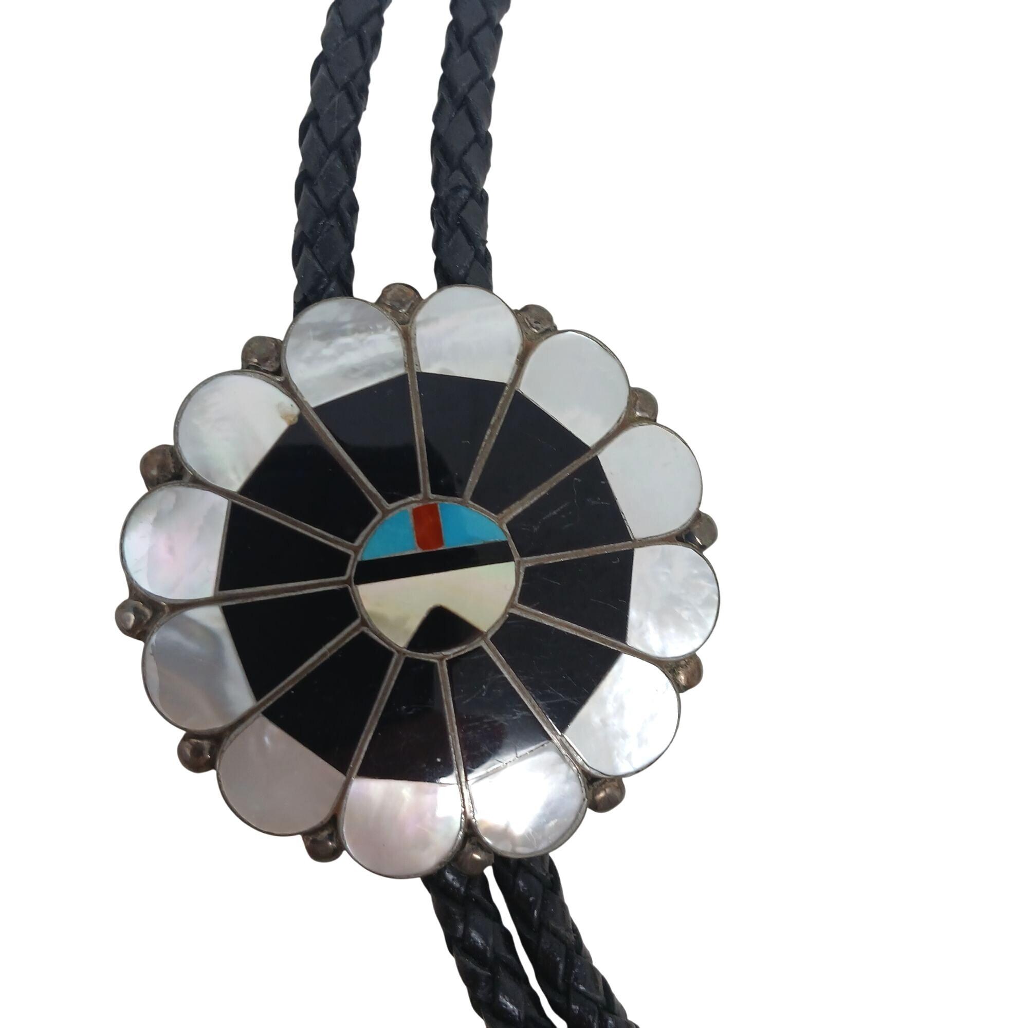 Vintage Zuni Bolo Tie Black Braided Leather Mulit Stone Inlay Sunface ...