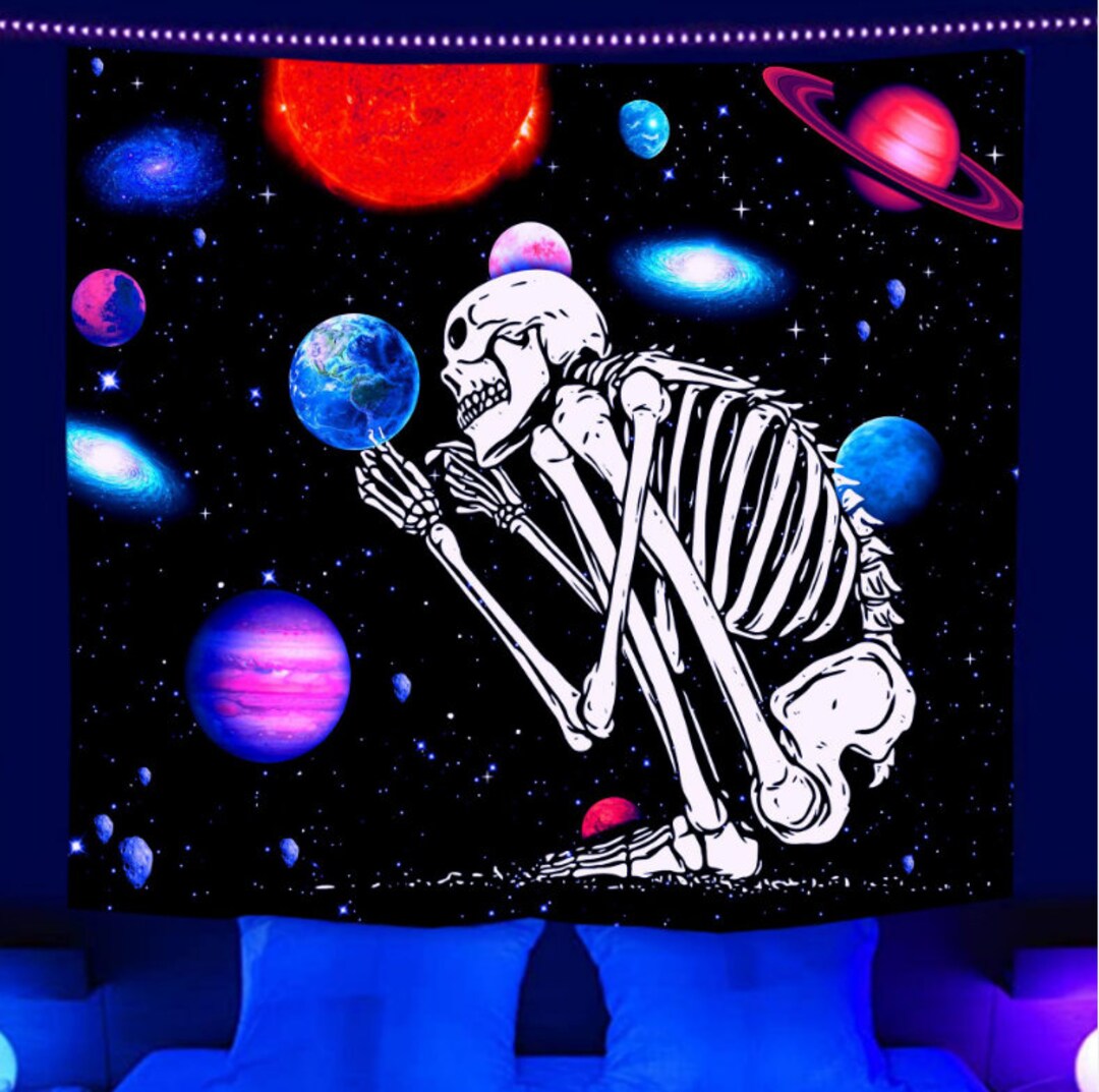 Blacklight Skeleton Universe Planet Tapestry,uv Reactive Neon ...