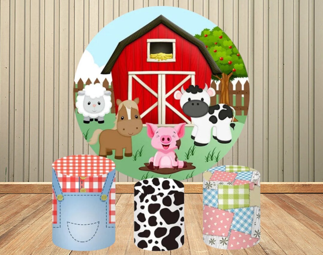 Cartoon Animals Farm Theme Round Backdrop Cover Pig Horse Cow Red White ...