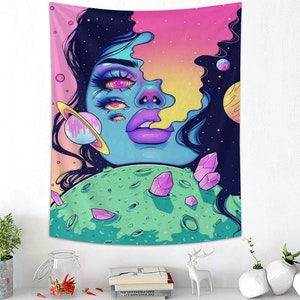Blacklight Planet Girl Hippie Tapestry, UV Reactive Neon Tapestries ...