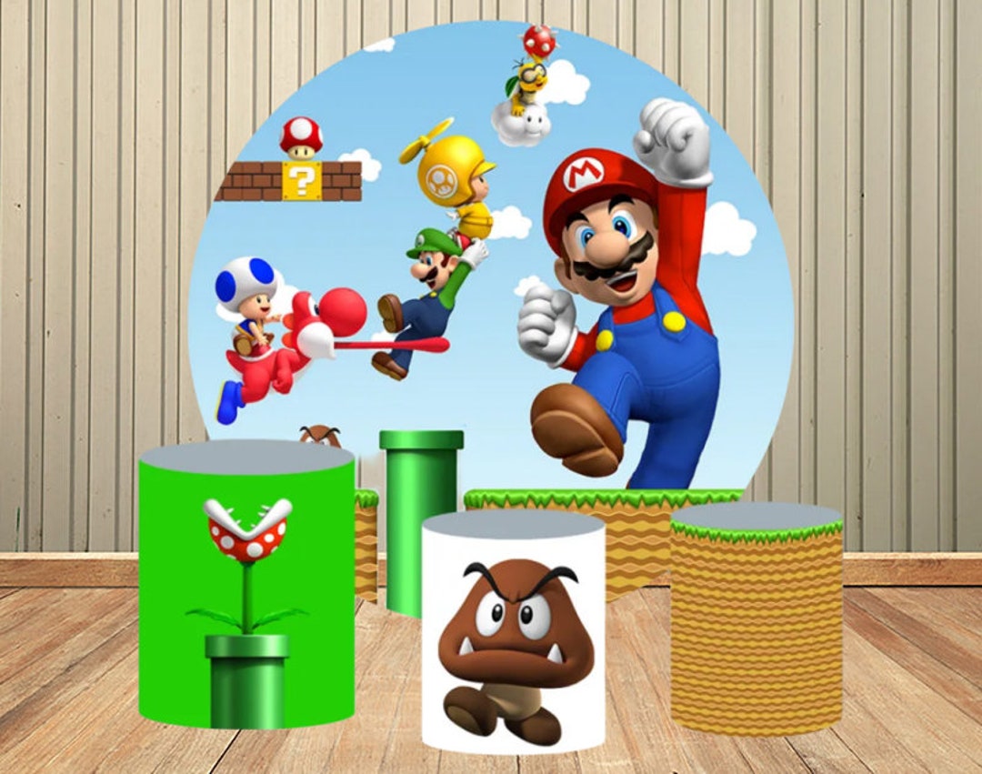 Super Mario Bros Round Backdrop Kids Birthday Party Cylinder Cover ...