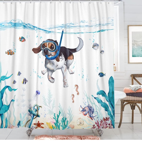 Funny Diving Dog Shower Curtain Sea Ocean Waterproof Fabric Shower Curtains for Bathroom Decor Animal Fish Turtle Starfish Bathroom Curtain Etsy