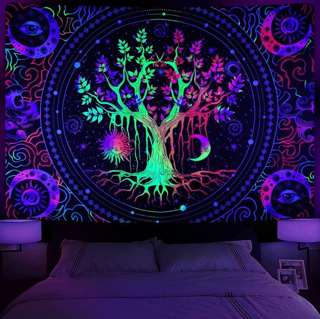 Blacklight Tree of Life Sun Moon Witchcraft Tapestry,uv Reactive ...