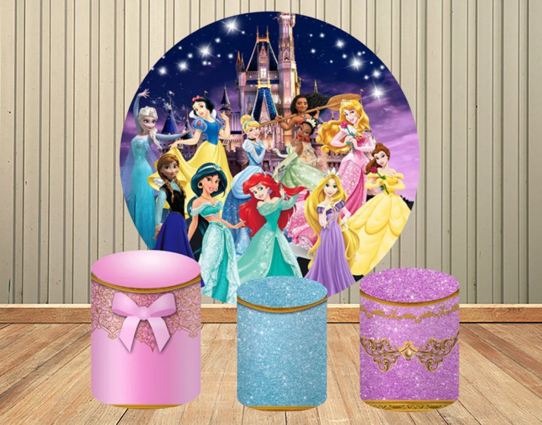 Disney Princess Round Background For Photography Cartoon Castle Birthday Party Customized Poster