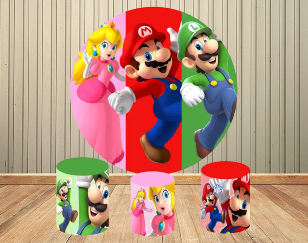 Super Mario Round Backdrop Kids Birthday Party Cylinder Cover Decor ...