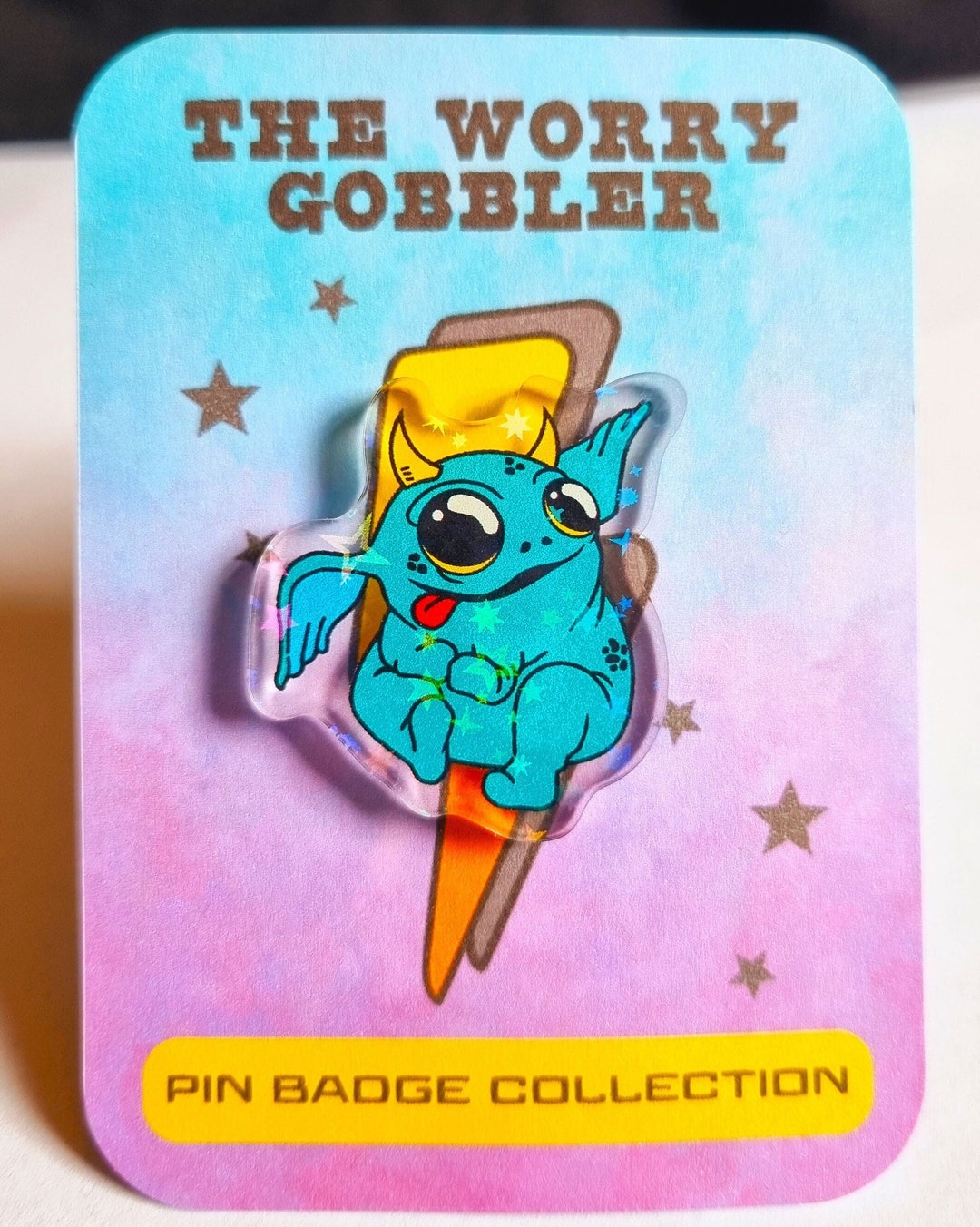 The Worry Gobbler Acrylic Holographic Pin Badge / Pin Badge Gift ...