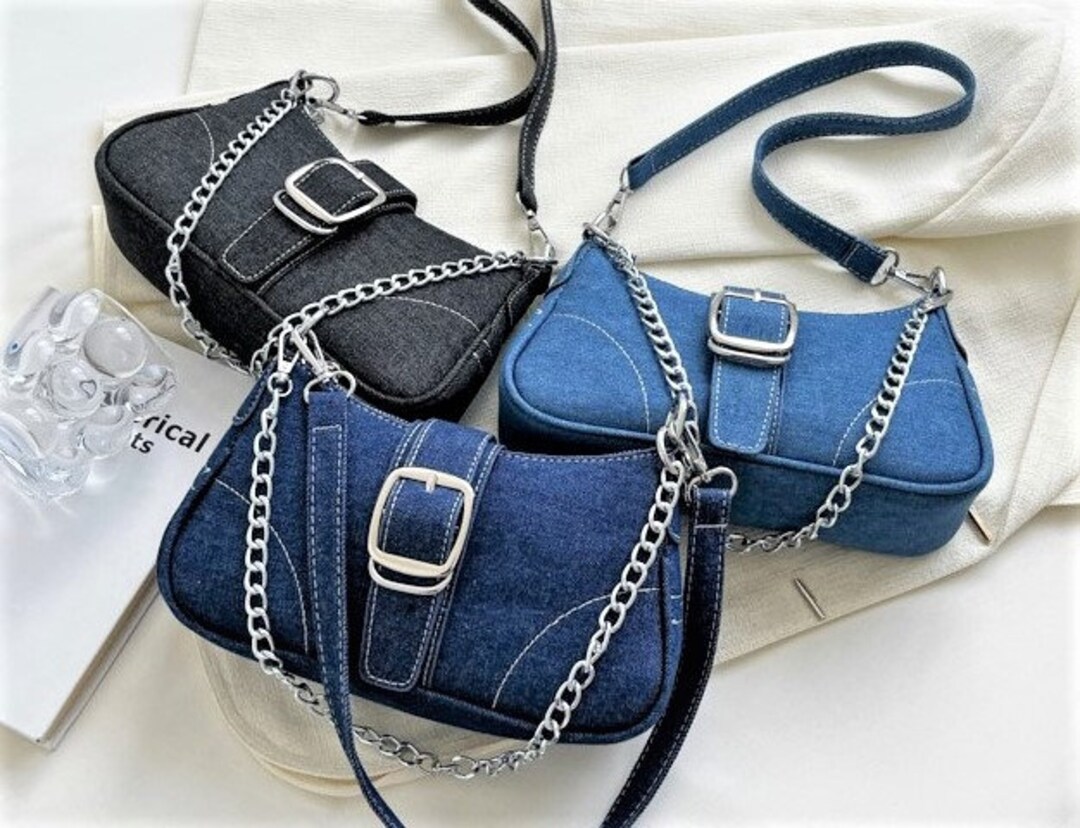 Rustic Denim Handbag, Black/deep Blue/light Blue Denim Clutch Bag, Boho ...