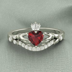 Claddagh Heart Red Garnet Ring, Tapper Baguette Ring, Engagement Garnet ...