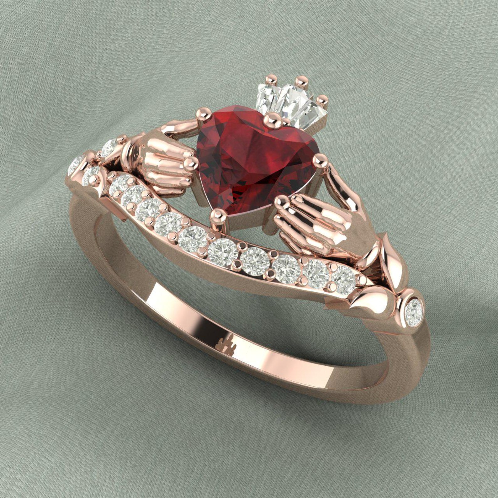 Claddagh Heart Red Garnet Ring, Tapper Baguette Ring, Engagement Garnet ...