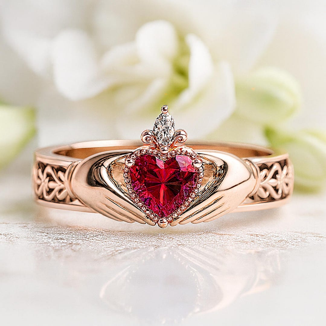 Red Garnet Heart Claddagh Ring: Rose Gold & Moissanite Accent - Etsy ...