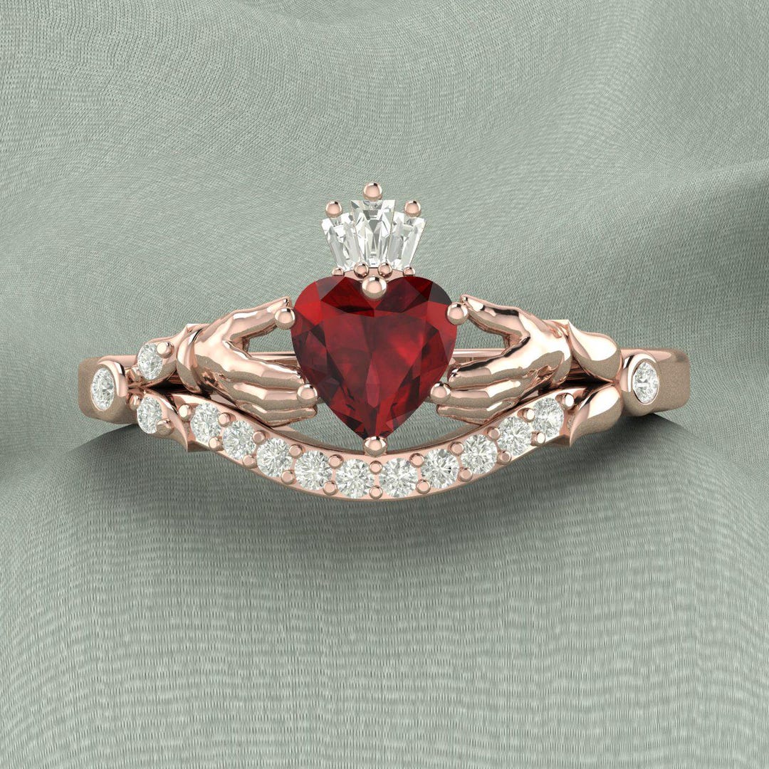 Claddagh Heart Red Garnet Ring, Tapper Baguette Ring, Engagement Garnet ...