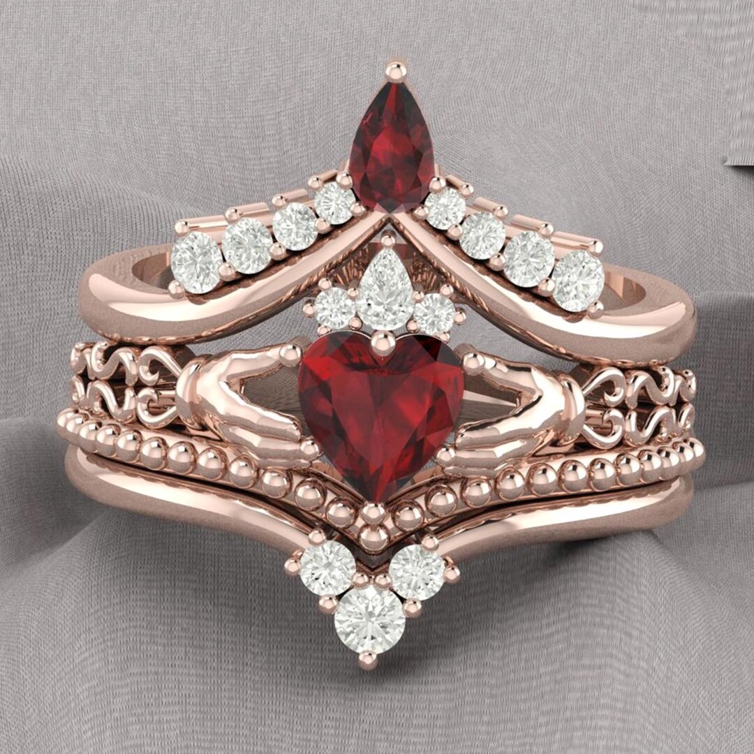 14K Rose Red Garnet Heart Shape Claddagh January Birthday Ring, Red ...