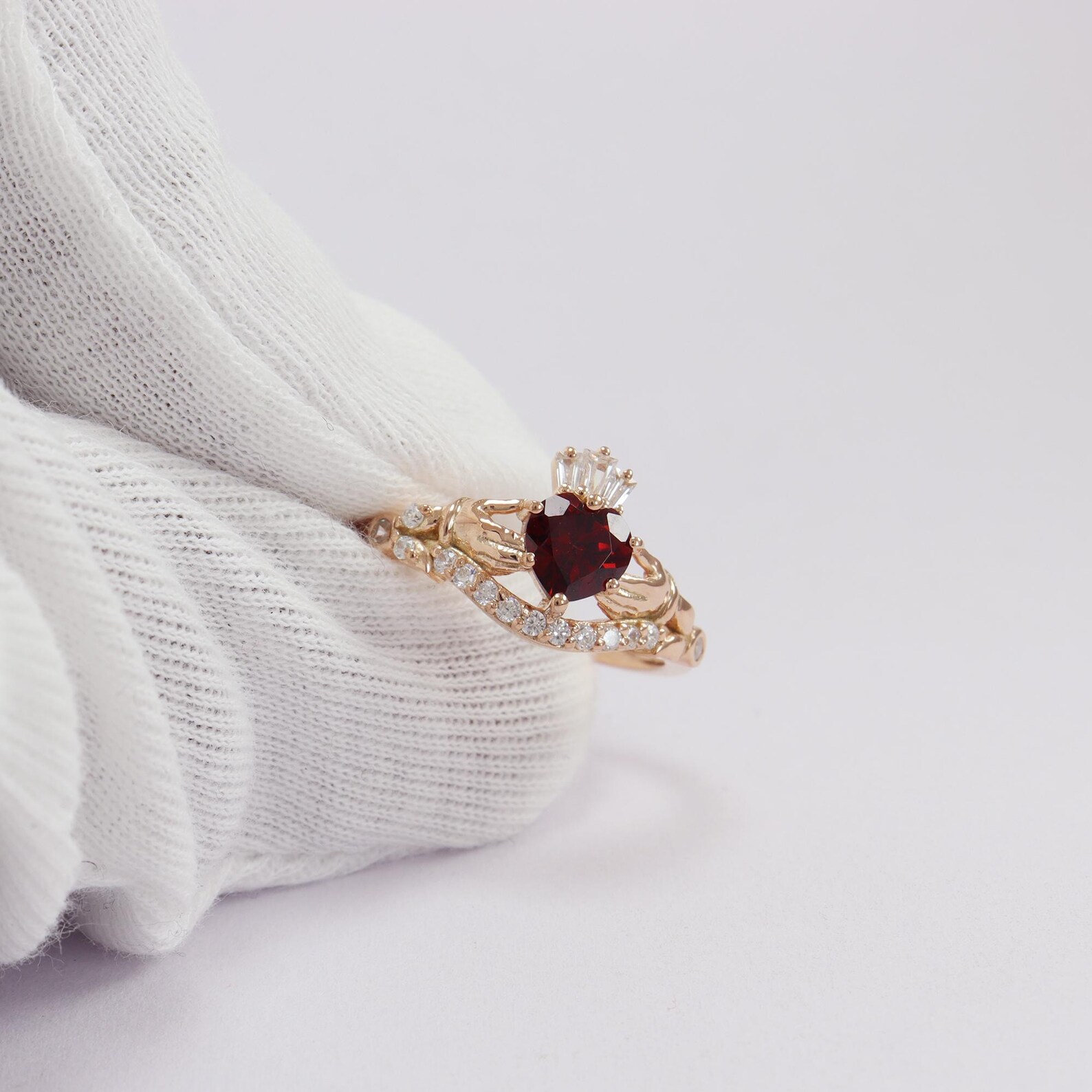 Claddagh Heart Red Garnet Ring, Tapper Baguette Ring, Engagement Garnet ...