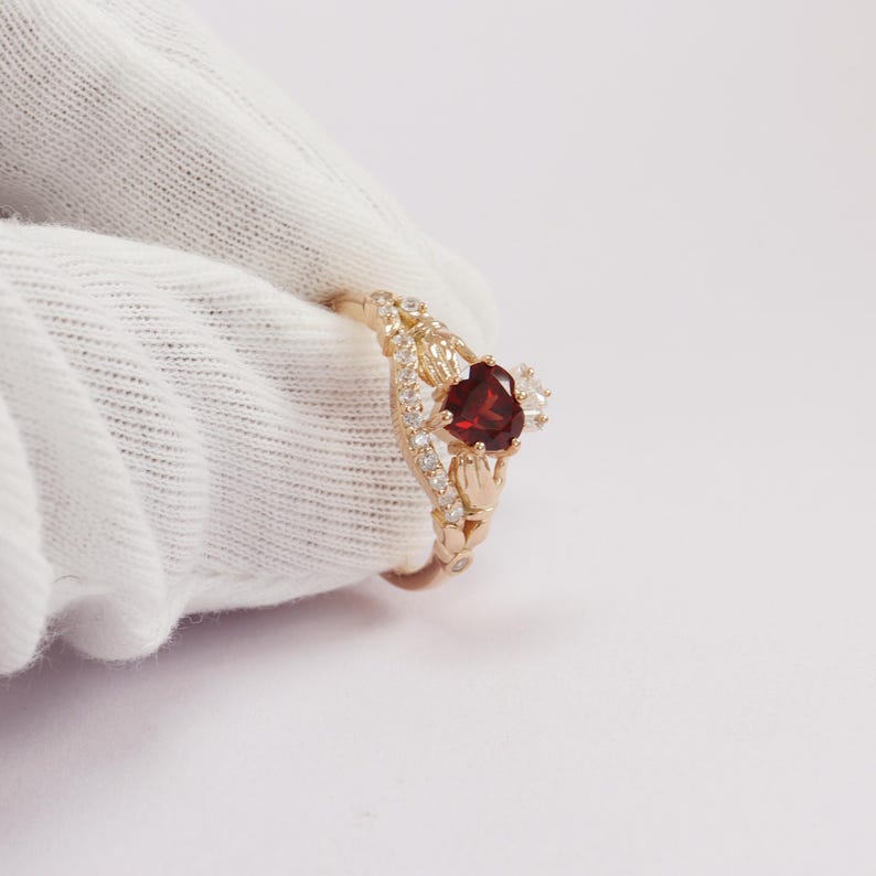 Claddagh Heart Red Garnet Ring, Tapper Baguette Ring, Engagement Garnet ...
