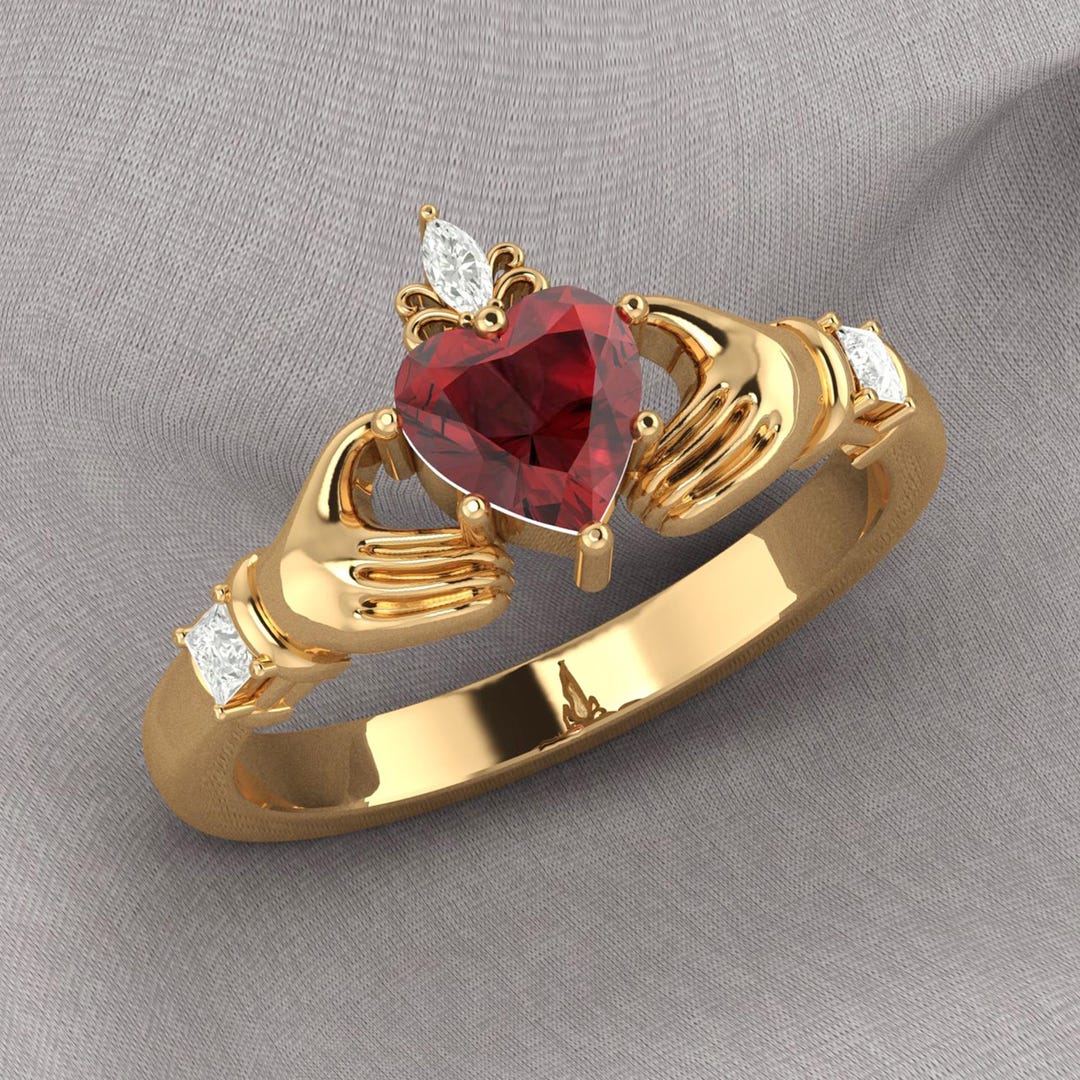 Red Garnet Irish Heart Claddagh Gold Ring, Claddagh Ring Women, Mother ...