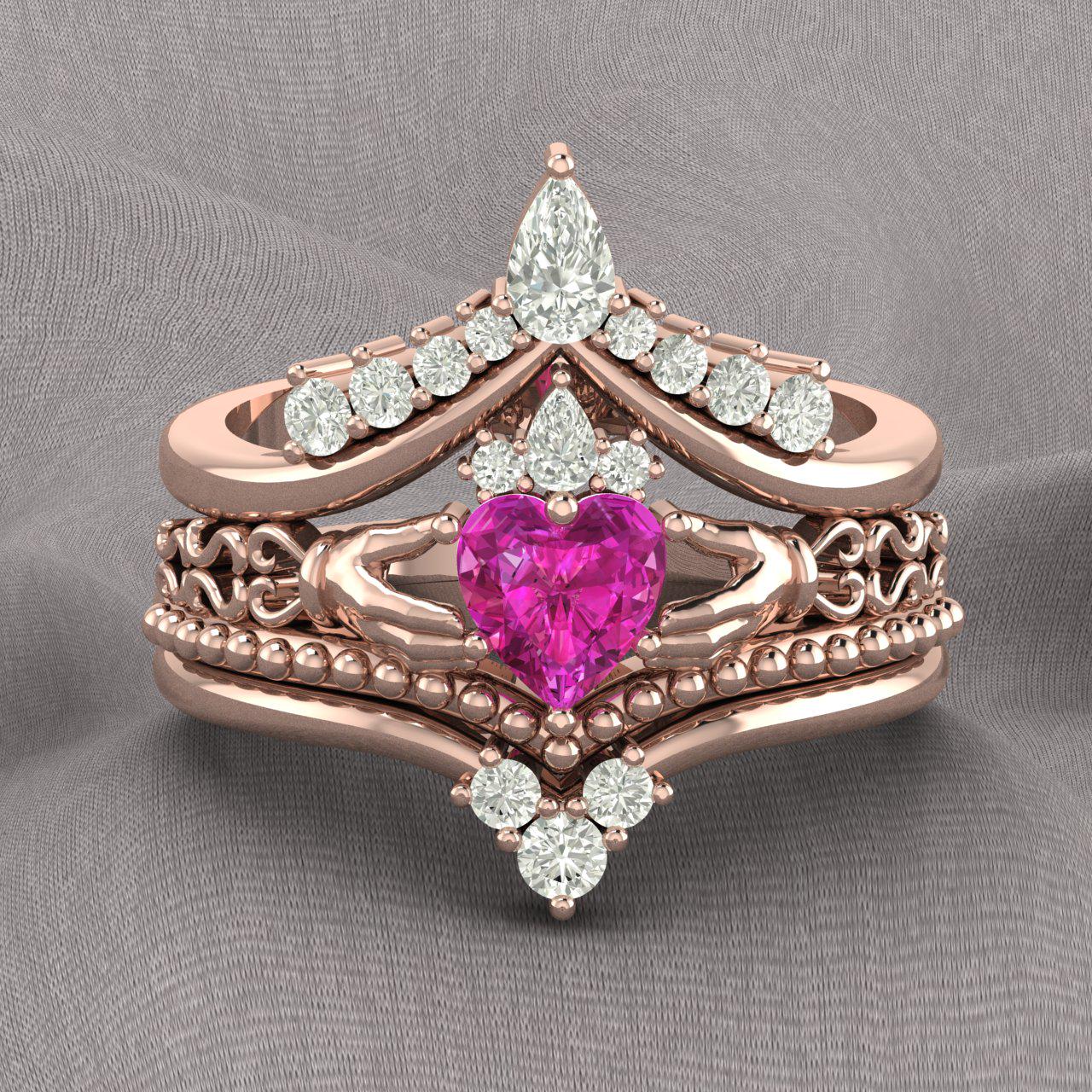 1.00 Carat Heart Shape Pink Sapphire Claddagh Band, Gold Vermeil Three ...