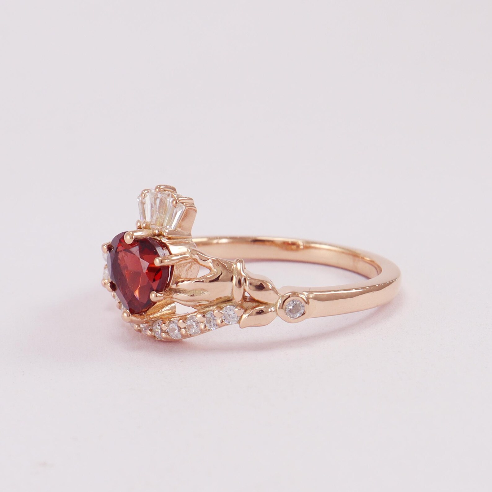 Claddagh Heart Red Garnet Ring, Tapper Baguette Ring, Engagement Garnet ...
