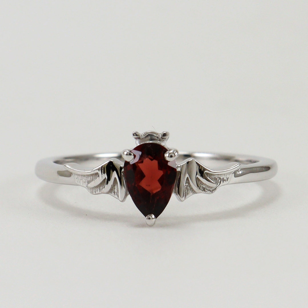 Red Garnet Teardrop Bat Engagement Ring, Garnet Silver Ring, Pear Shape ...