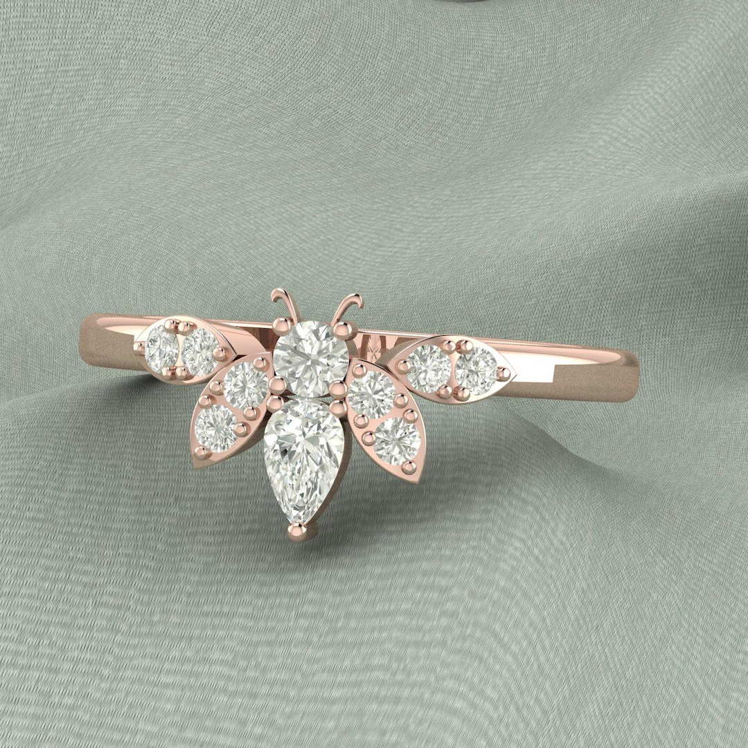 Moissanite Honey Bee Cluster Engagement Ring, Pear Shaped Moissanite ...