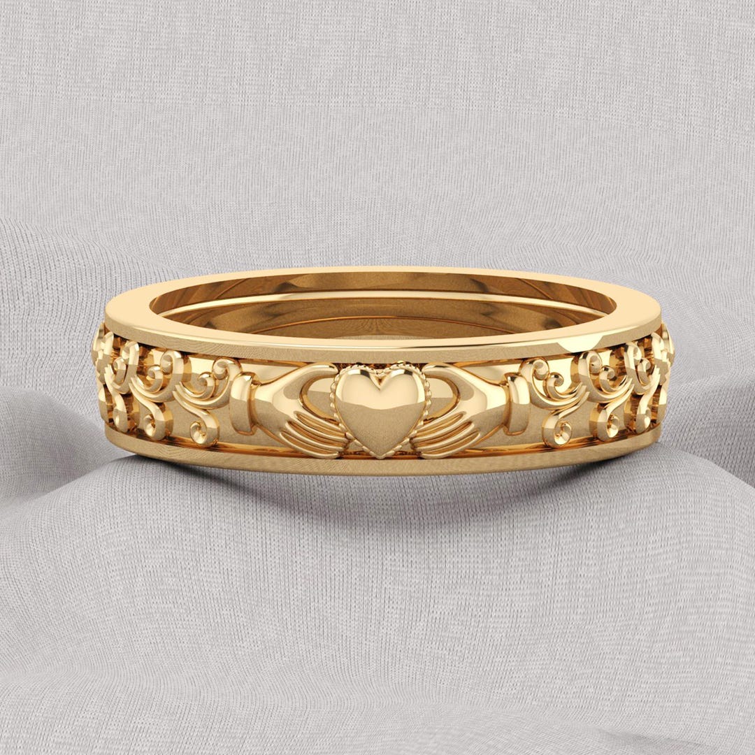 14K Yellow Gold Eternity Claddagh Irish Heart Ring, Traditional Irish ...