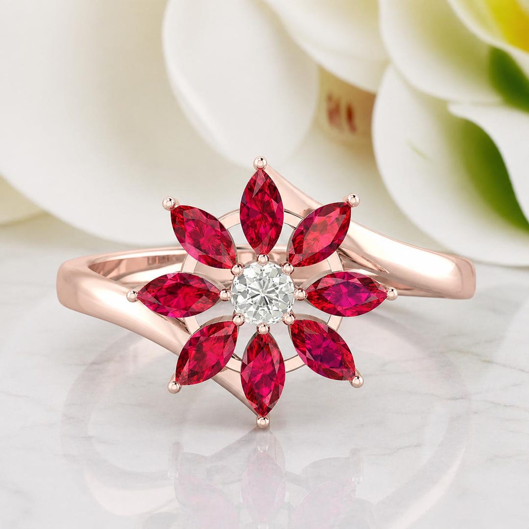 Pink Ruby Cluster Ring, Tiara Engagement Ring, Flower Ring, Jacket Ring ...