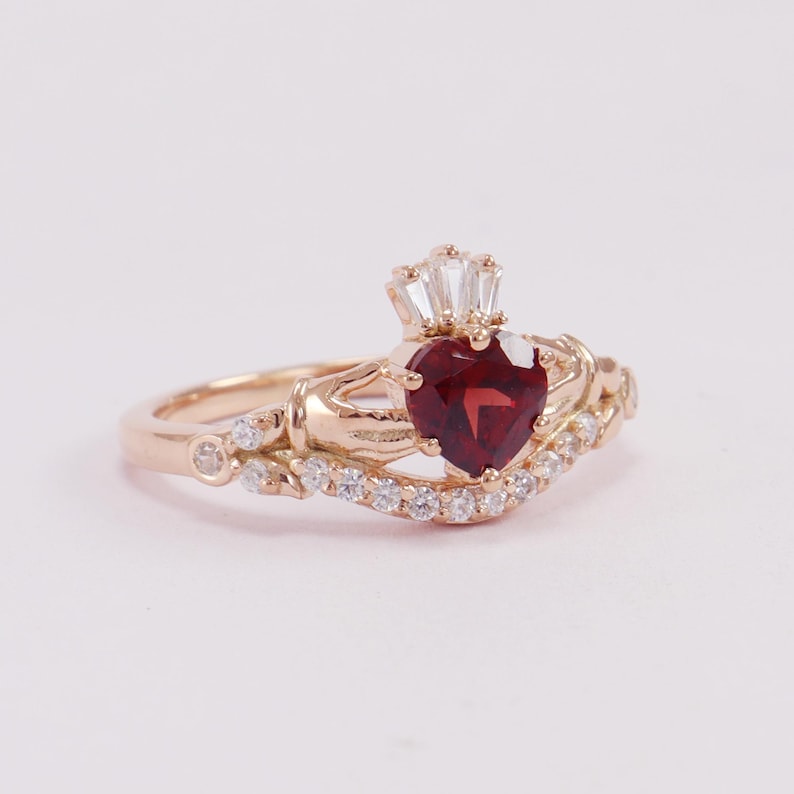 Claddagh Heart Red Garnet Ring, Tapper Baguette Ring, Engagement Garnet ...