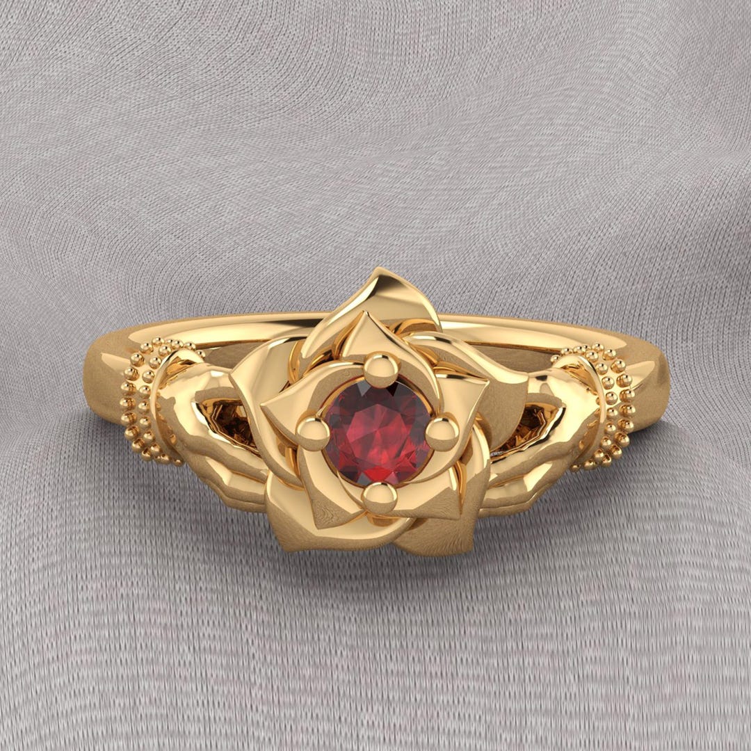14k Yellow Gold Red Garnet Claddagh Filigree Ring, Rose Flower Ring ...