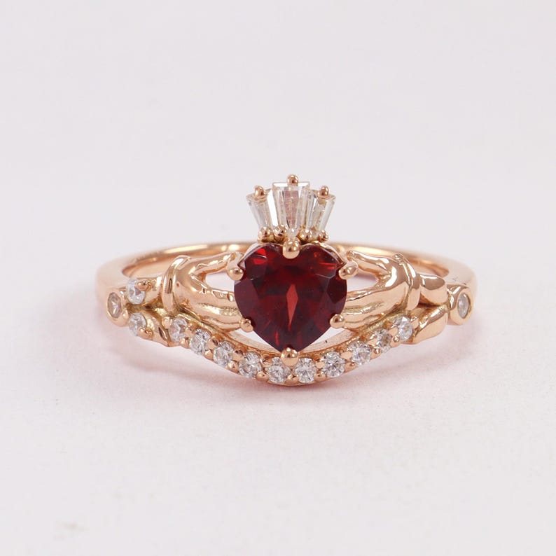 Handmade Heart Garnet Claddagh Ring, Moissanite Accent, 14K Gold - Etsy